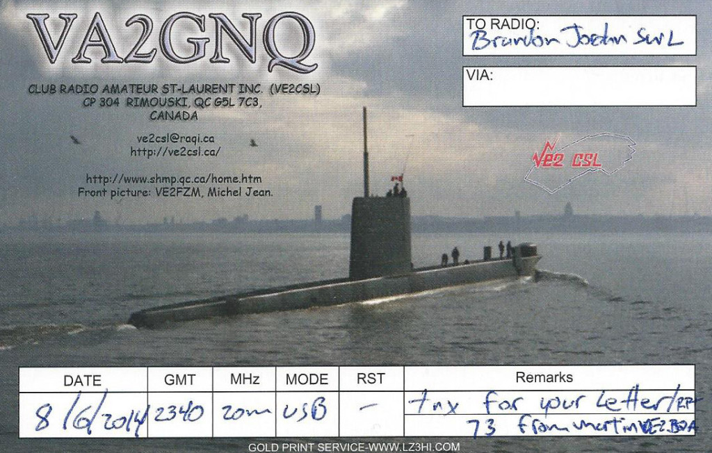 QSL: VA2GNQ, HMCS Onondaga, Pointe-au-Père, Quebec, Canada | K2SWL DX Blog